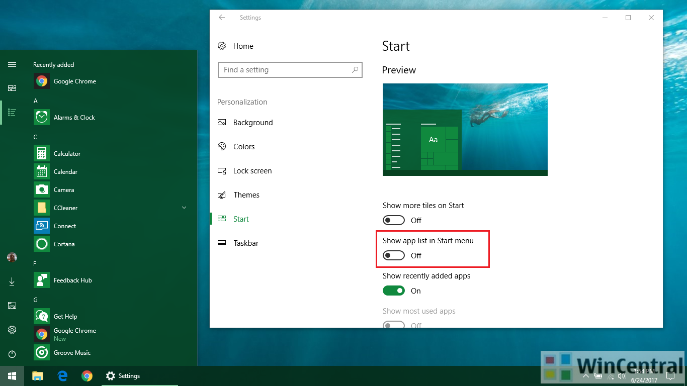 How to hide or show apps list on Windows 10 PC (Creators Update) – WinCentral